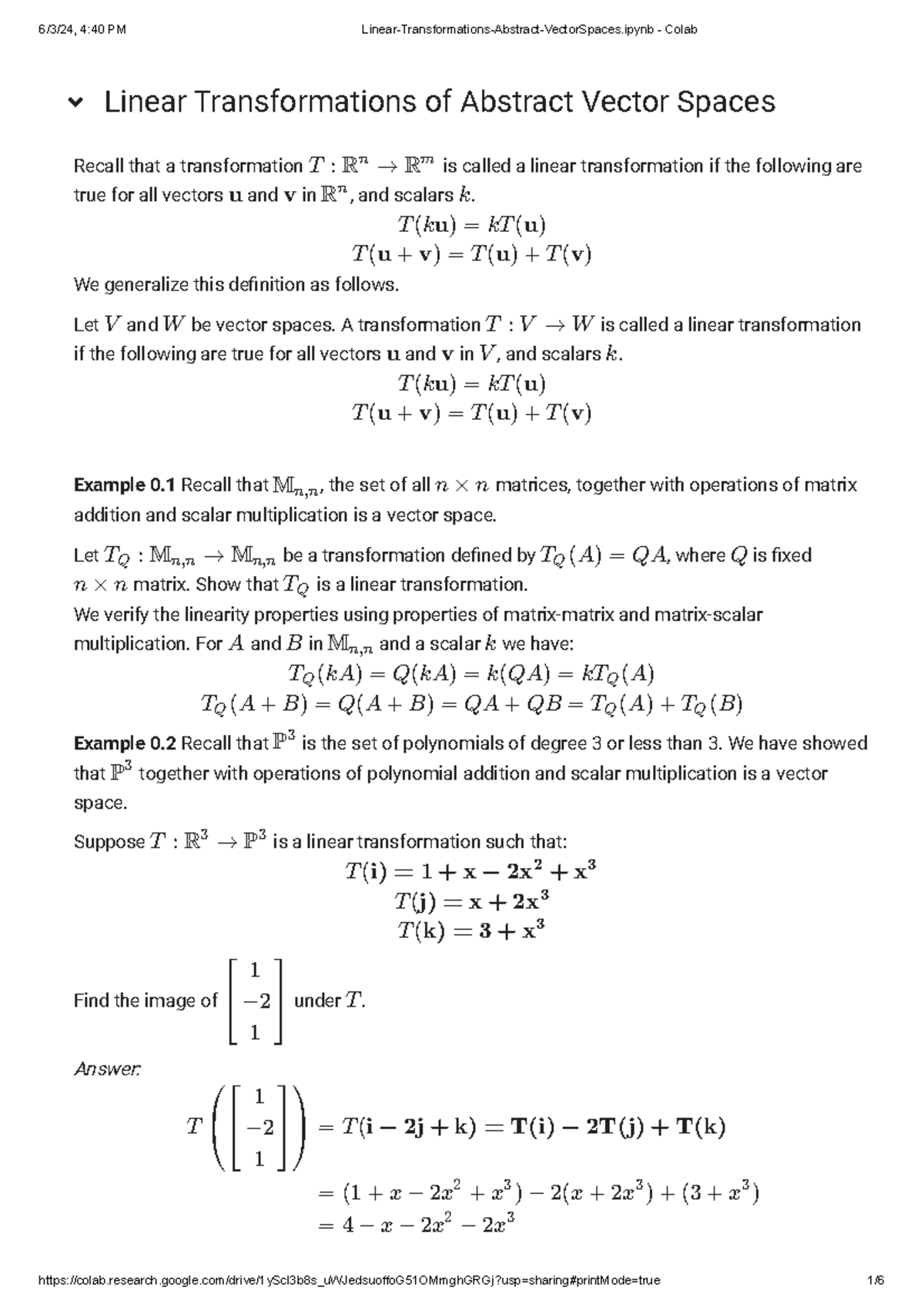 Linear Transformations in Abstract Vector Spaces: Definitions and ...
