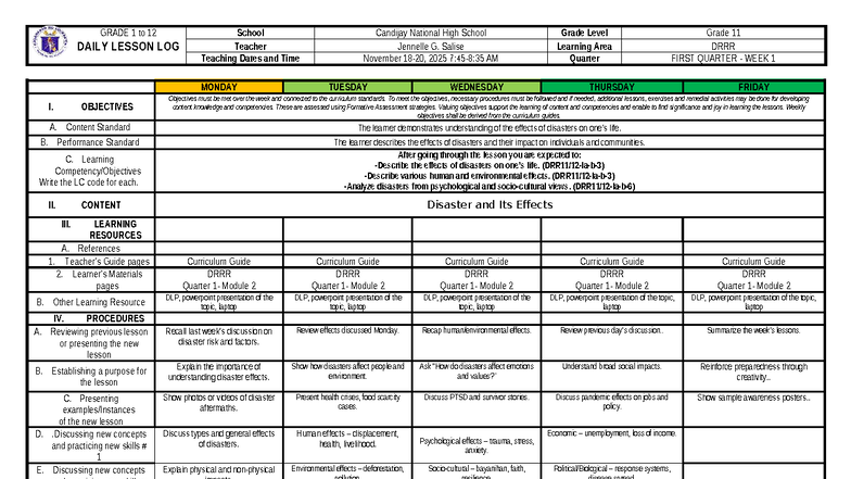 DRRR GRADE 11 WEEK 1 LESSON LOG: DISASTERS & THEIR EFFECTS - Studocu