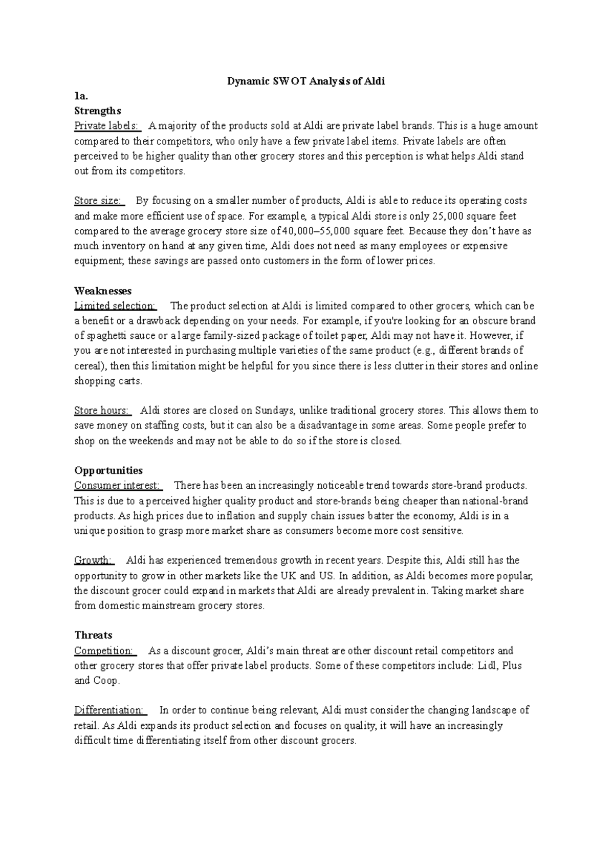 SWOT Analysis of Aldi Retail Marketing Strategy - Studeersnel