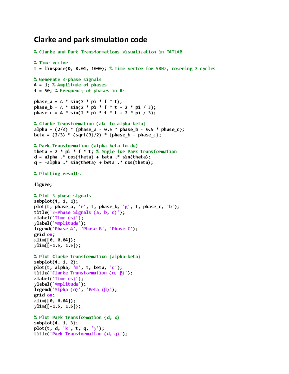 Clarke & Park Transformation MATLAB Code for Simulation Analysis - Studocu