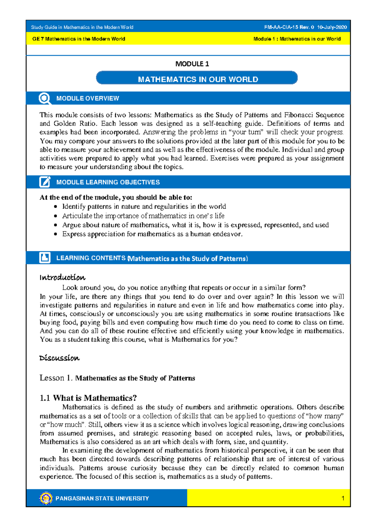 Mathematics in the Modern World GE 7: Module 1 Study Guide on Patterns ...