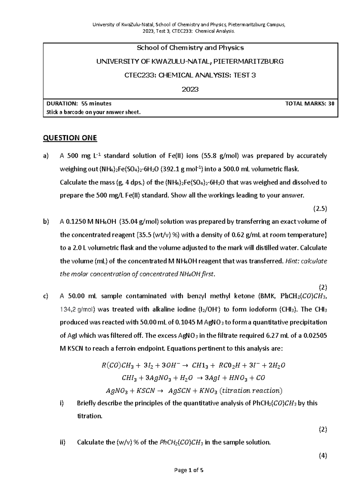 2023 Test 3 CTEC233 Q 28 Sept - 20 23, Test 3 , CTEC 233 : Chemical ...