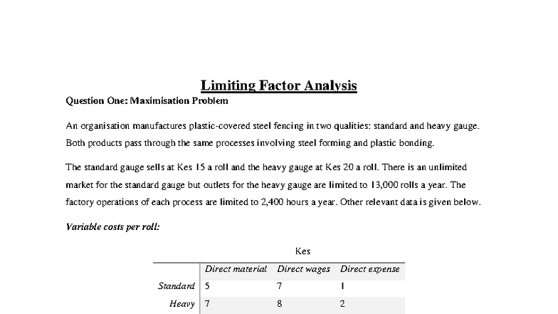 Limiting Factor Analysis - Maximisation & Minimisation Problems - Studocu