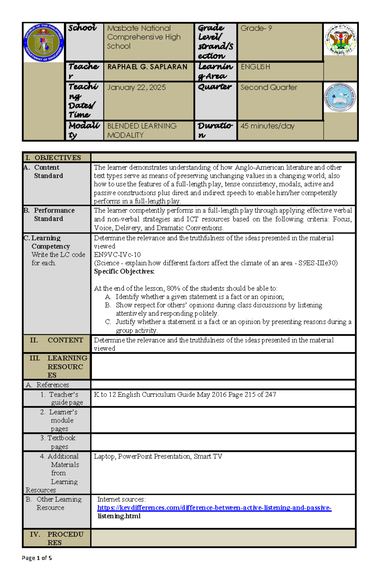 Lesson Plan for Grade 9 English: Blended Learning Modality - Studocu