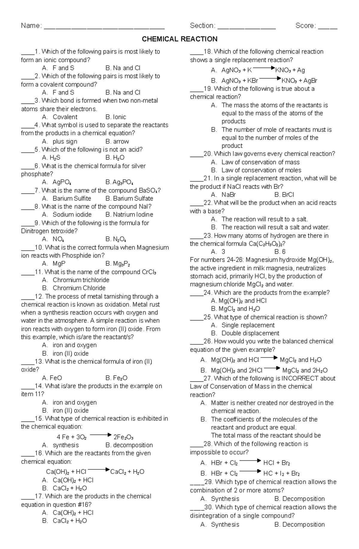 Quiz on Chemical Reactions - CHEM 101 - Studocu