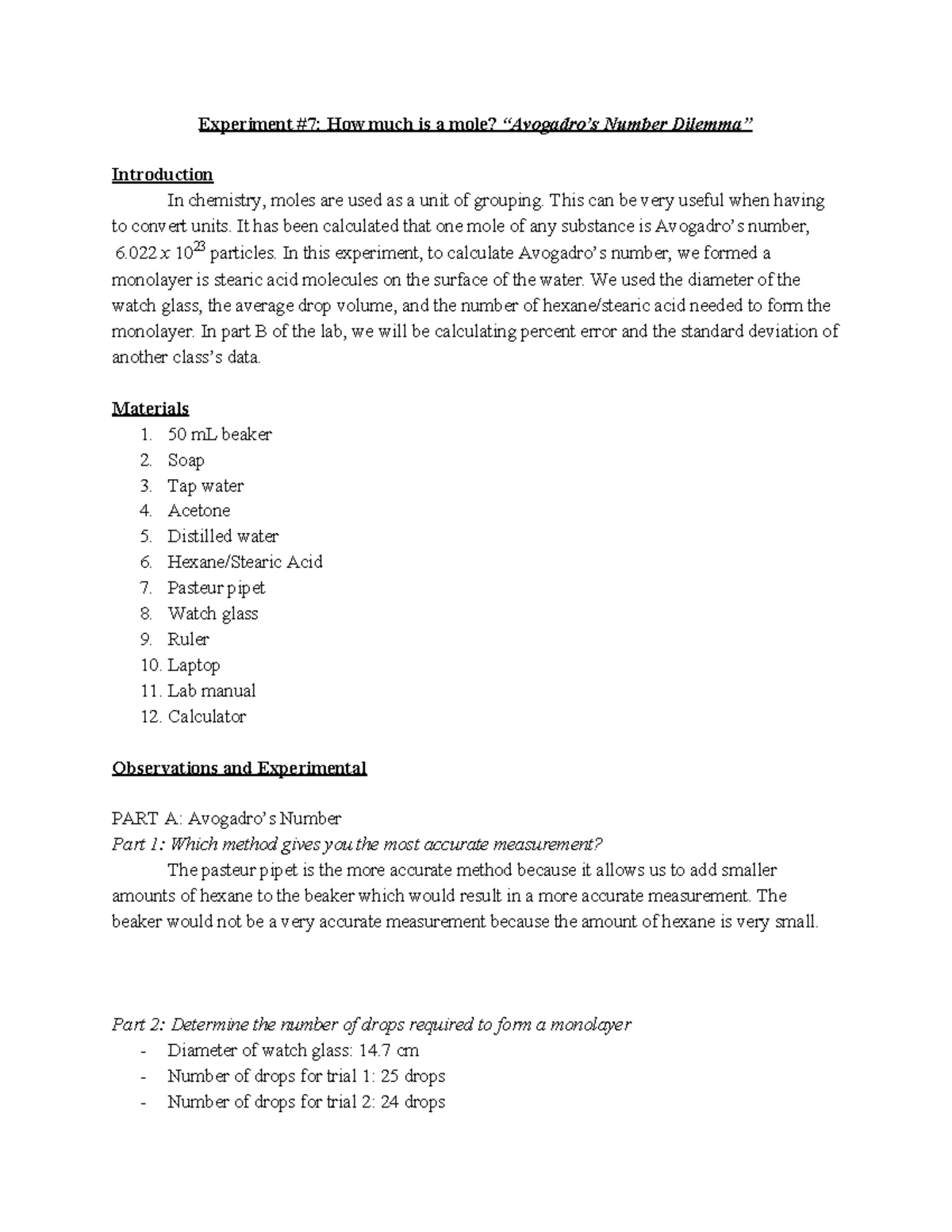 Chem lab 7 - chem 106 lab completed - Lab 7: “Avogadro’s Number Dilemma ...