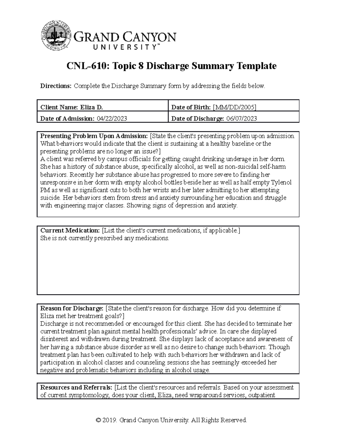 CNL 610: T8 Discharge Summary Template for Eliza D. Case Study - Studocu