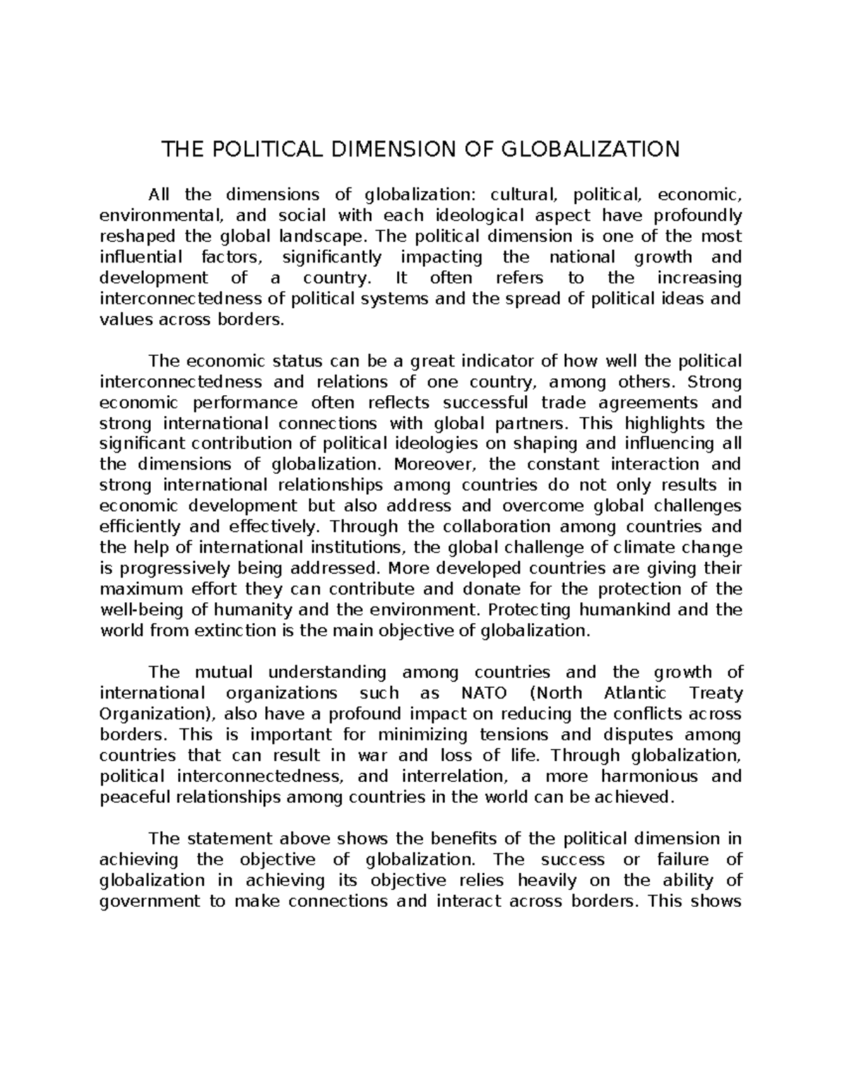 POLI 101 - Reflection on Political Dimension of Globalization - Studocu
