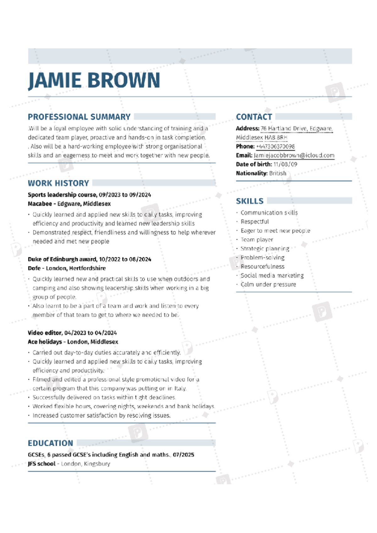 JAMIE BROWN CV - Professional Summary & Work History - Studocu