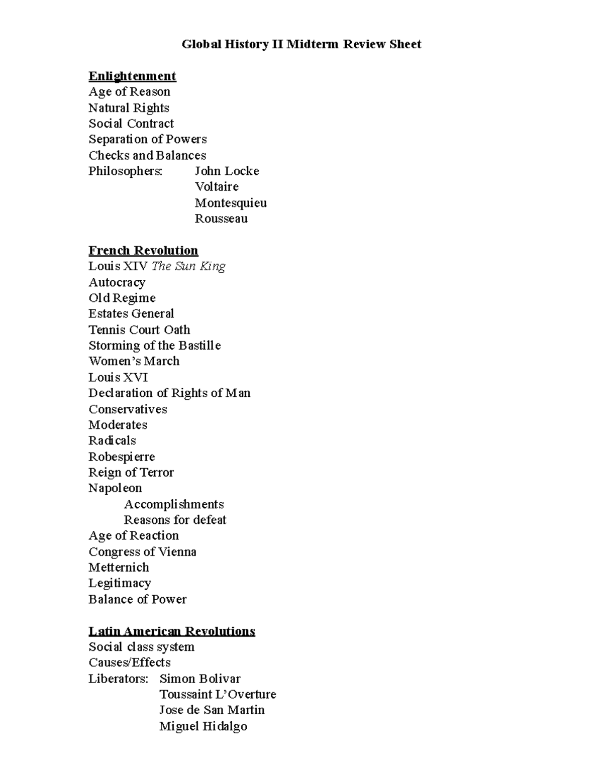 Global History II Midterm Review Sheet - Global History II Midterm ...