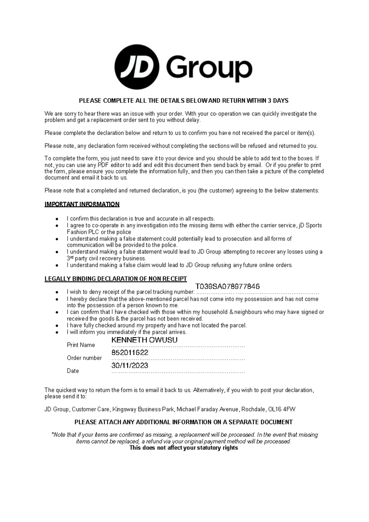 EN JD Group Missing Parcel Declaration Form - Studocu