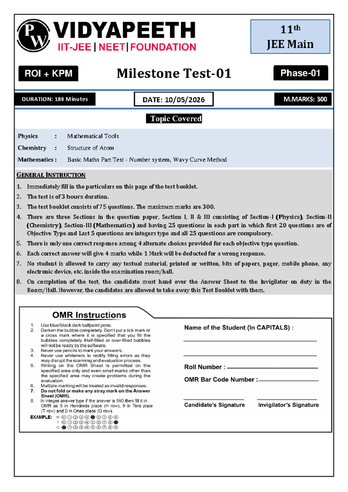 11th JEE Main Milestone 1 Test Paper & Answer Key (M.MARKS: 300) - Studocu