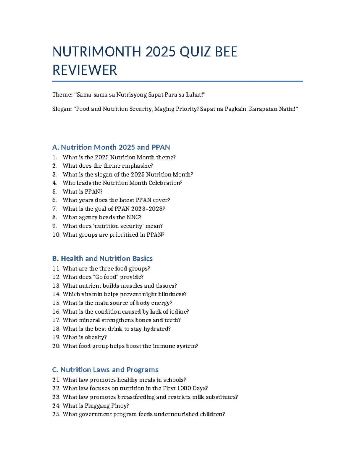 NUTRIMONTH 2025 QUIZ BEE REVIEWER: NUTRITION SECURITY & ANSWERS - Studocu