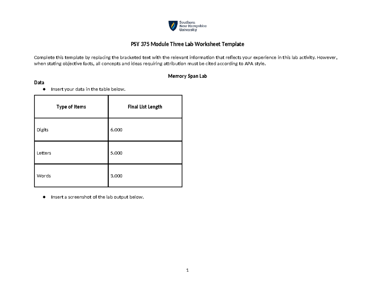 PSY 375 Module Three Lab Worksheet: Data Memory & Mental Rotation ...