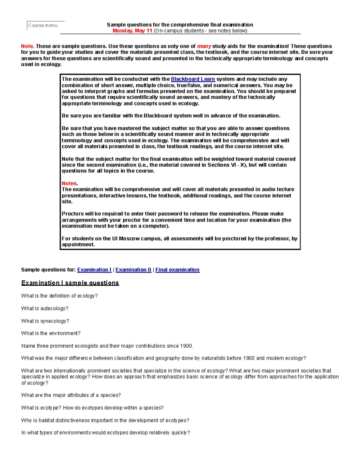 Ecology Sample Questions for Comprehensive Final Exam (Course Code ...