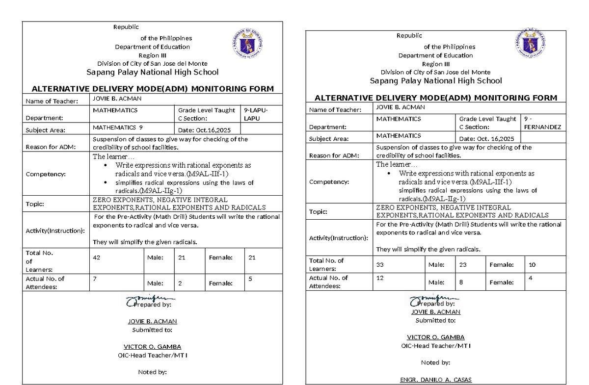 ADM Monitoring Form for Mathematics 9 - Jovie B. Acman (Oct. 16, 2025 ...