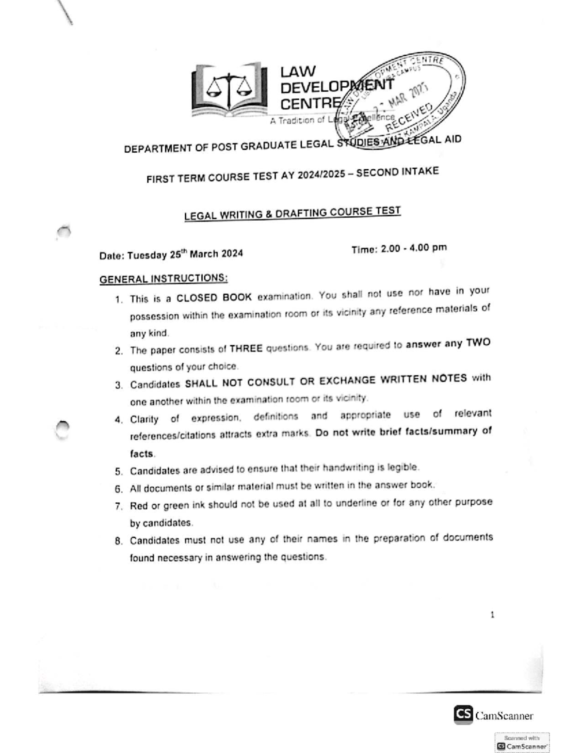Legal Writing & Drafting Test Papers AY 2024/2025 - Studocu