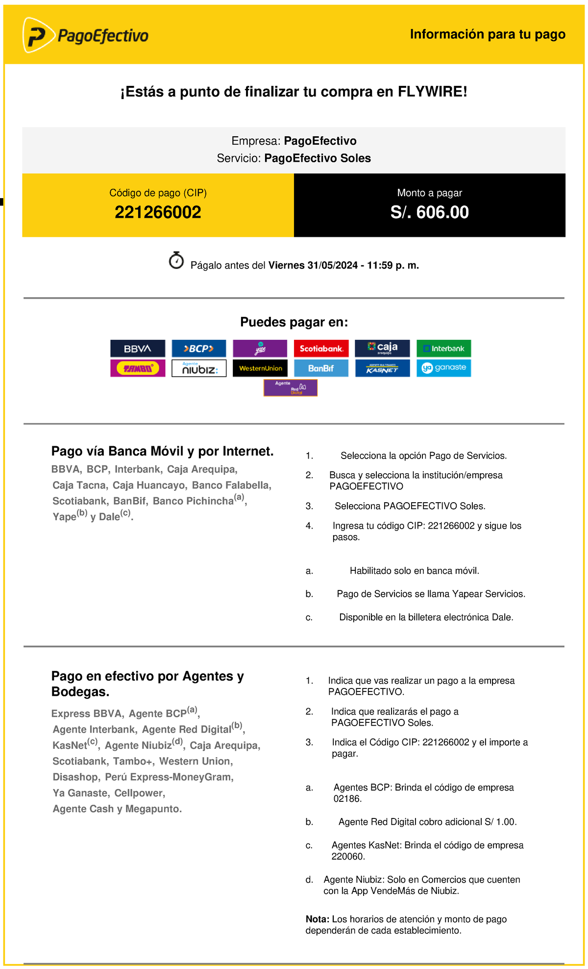 Información para tu pago - FLYWIRE - PagoEfectivo - CIP 221266002 - Studocu