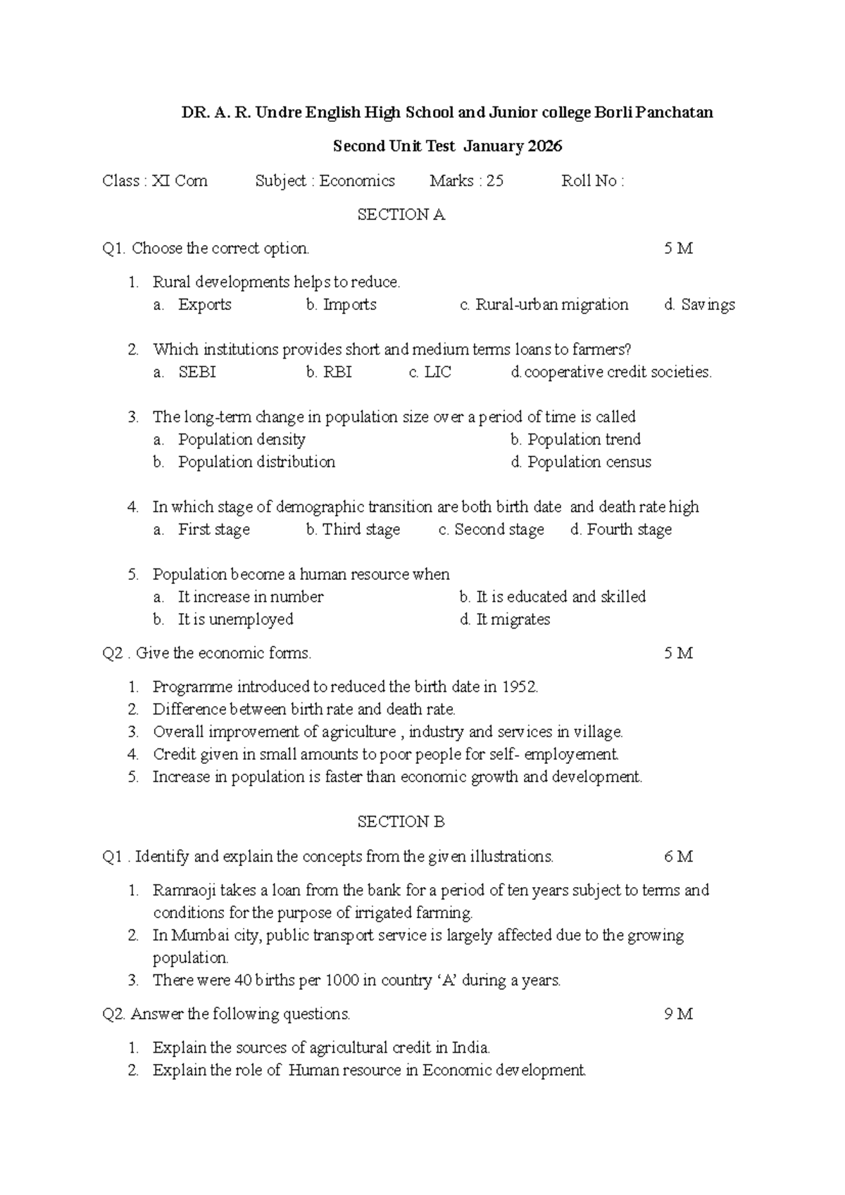 Economics Class XI Second Unit Test January 2026 - Studocu