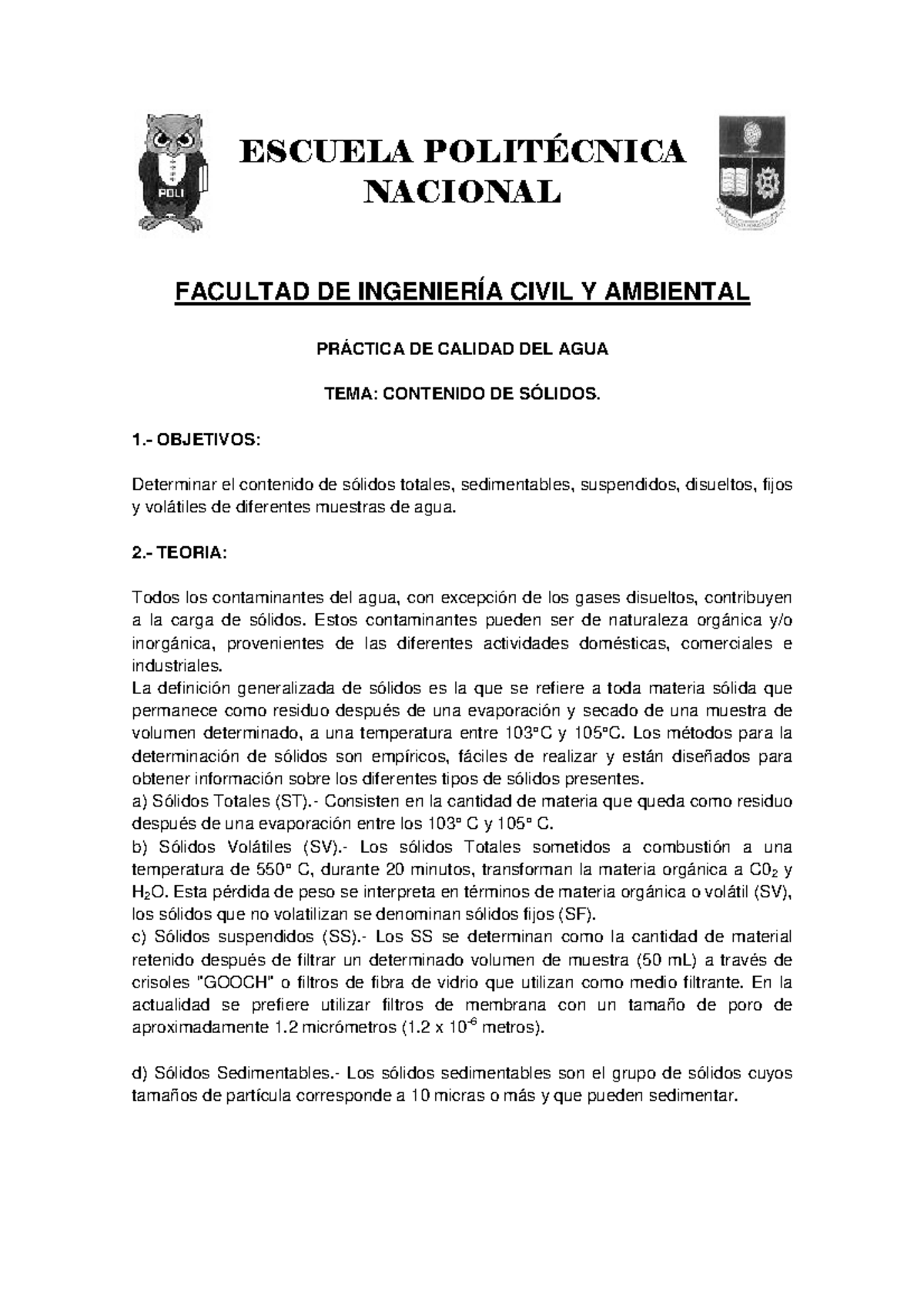 Práctica de Calidad del Agua: Sólidos Totales, Volátiles y ...
