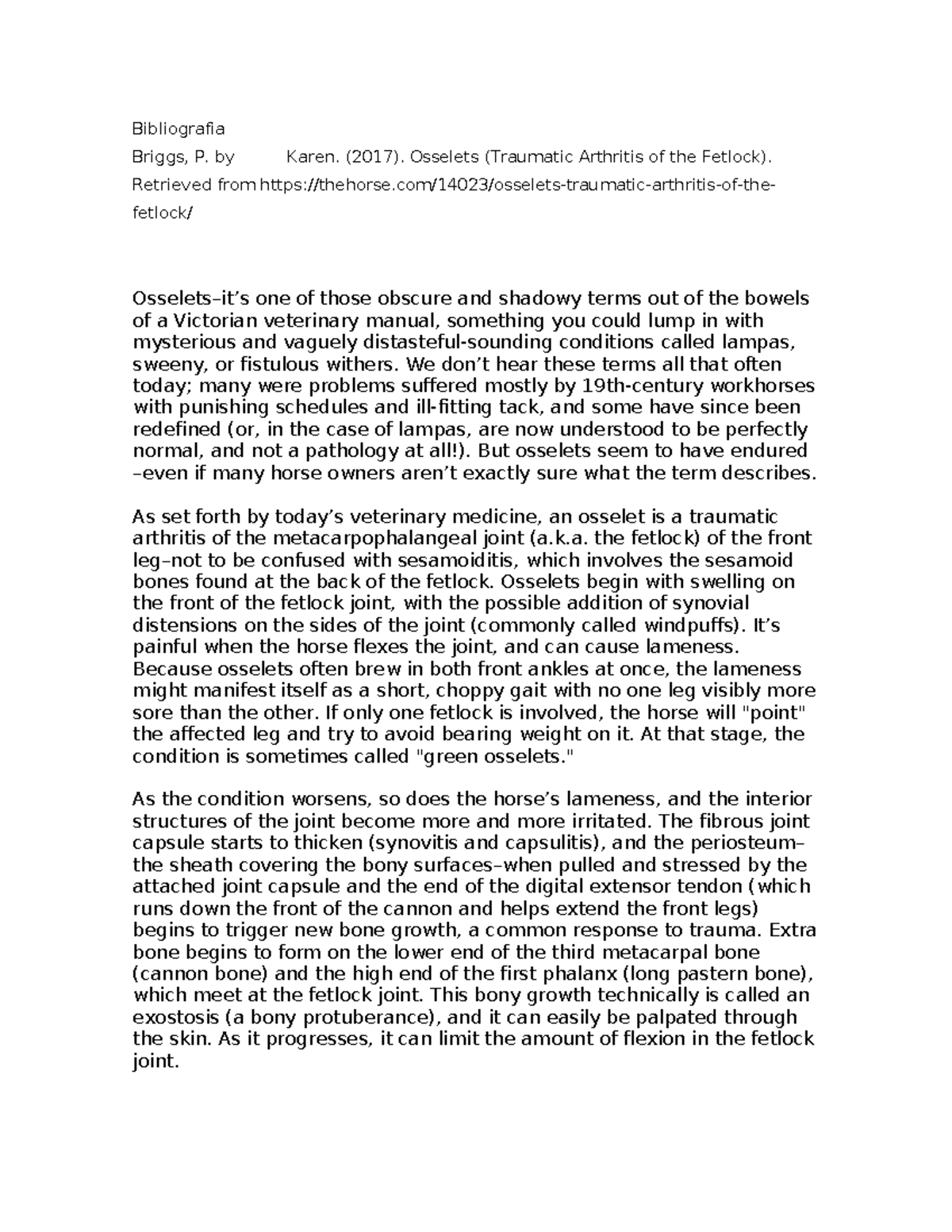 Osselets: Understanding Traumatic Arthritis of the Fetlock in Horses ...