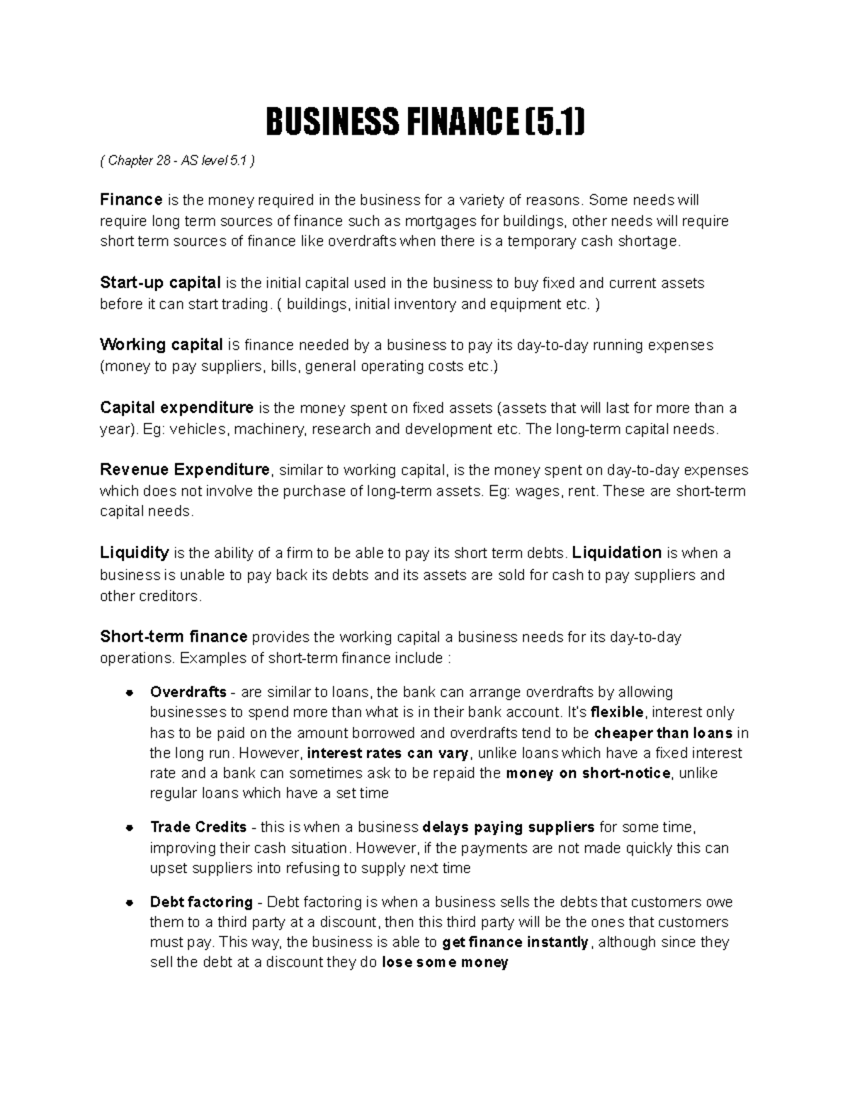 AS Business 9609 Unit 5 Finance: Understanding Business Finance Sources ...
