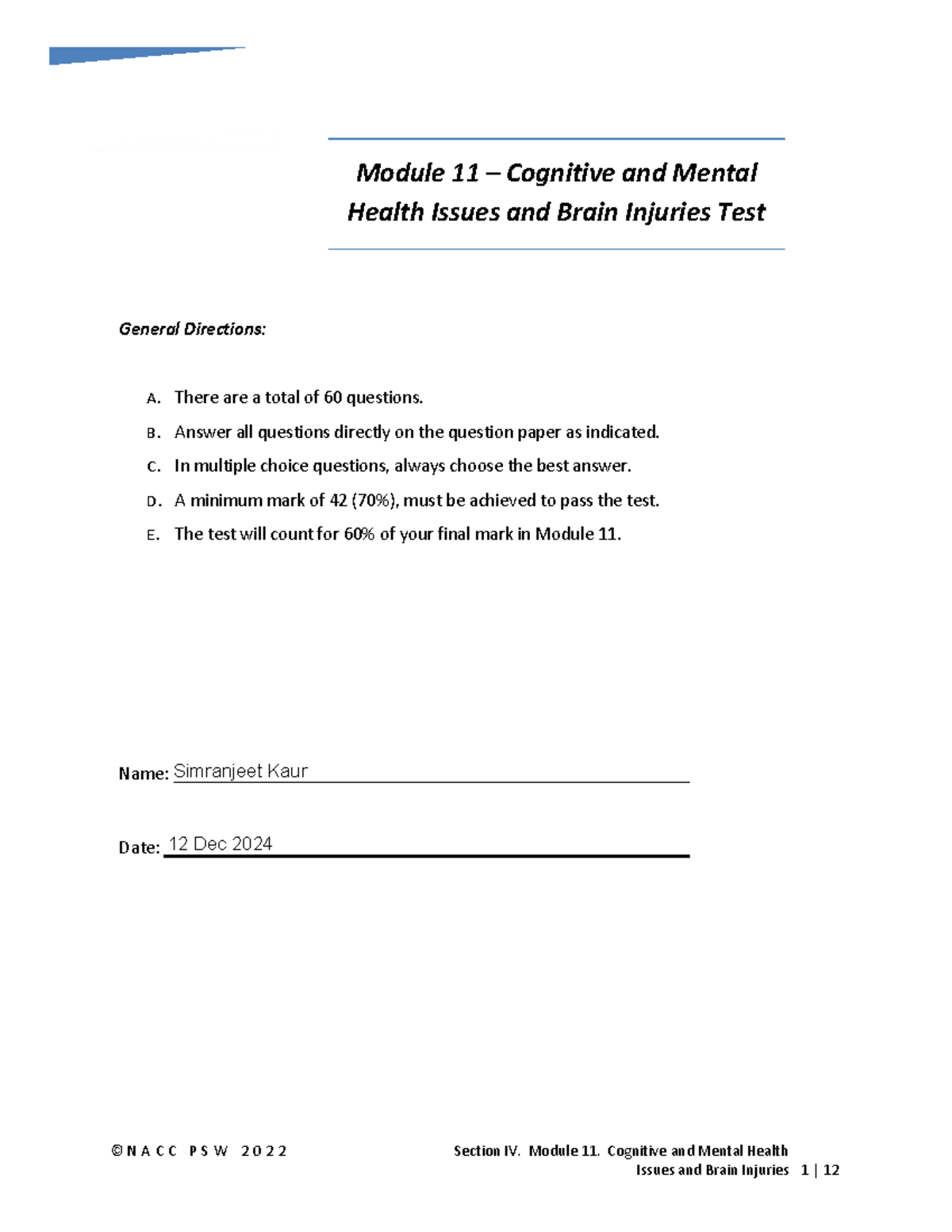 Cognitive & Mental Health Test IV-12: Module 11 Study Guide - Studocu