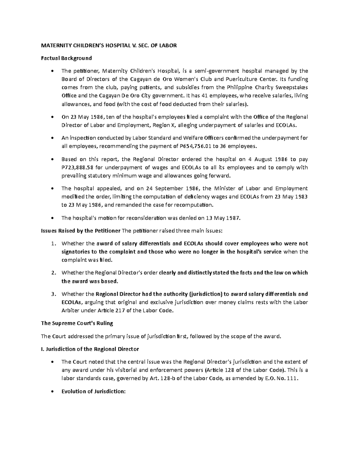 Maternity Hospital v. Sec. of Labor: Jurisdiction & Wage Claims ...