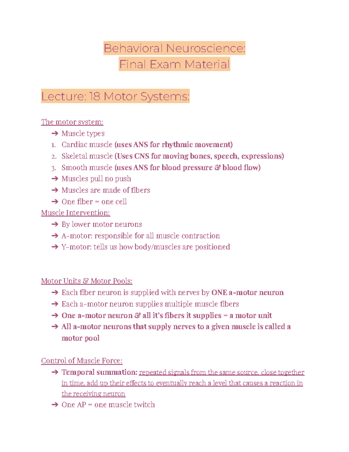 Final Exam Notes on Motor Systems for Behavioral Neuroscience (BN 101 ...