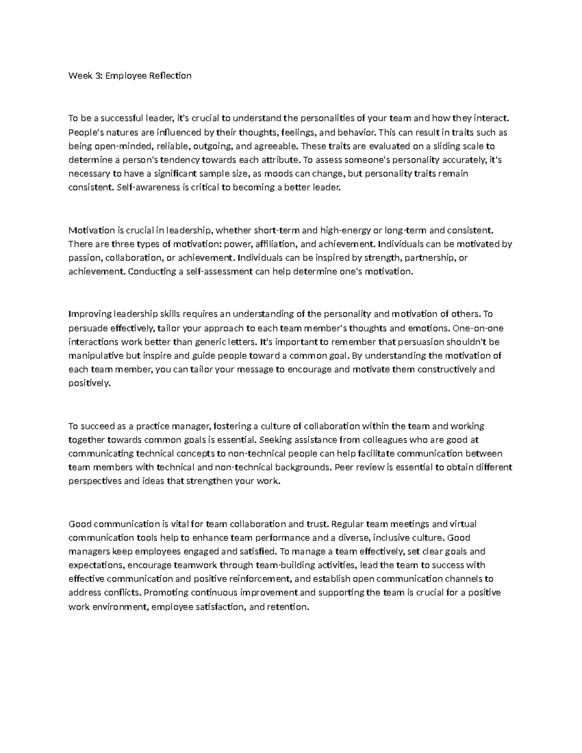 Wk 3 Reflection: Leadership & Team Dynamics Insights - Studocu