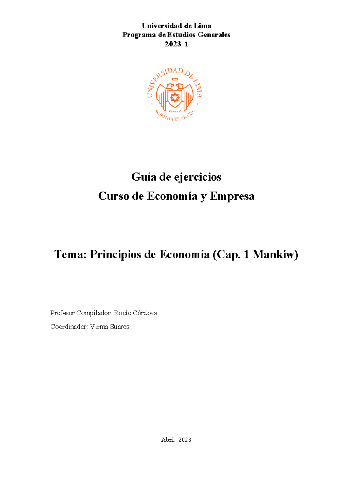 Guía de Ejercicios - Curso de Economía y Empresa (ECO101) - Capítulo 1 ...