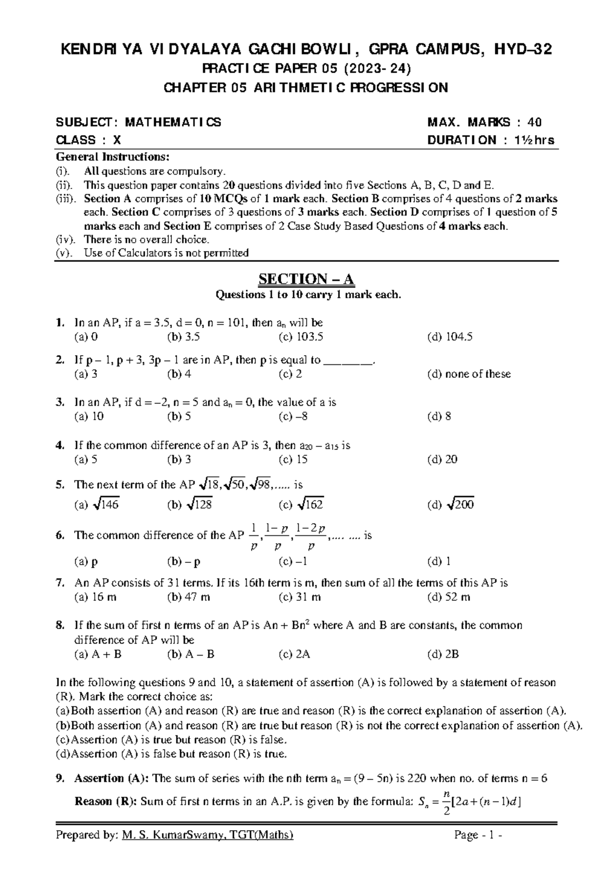 Maths Class X Practice Paper 05: Chapter 05 - Arithmetic Progression - Studocu