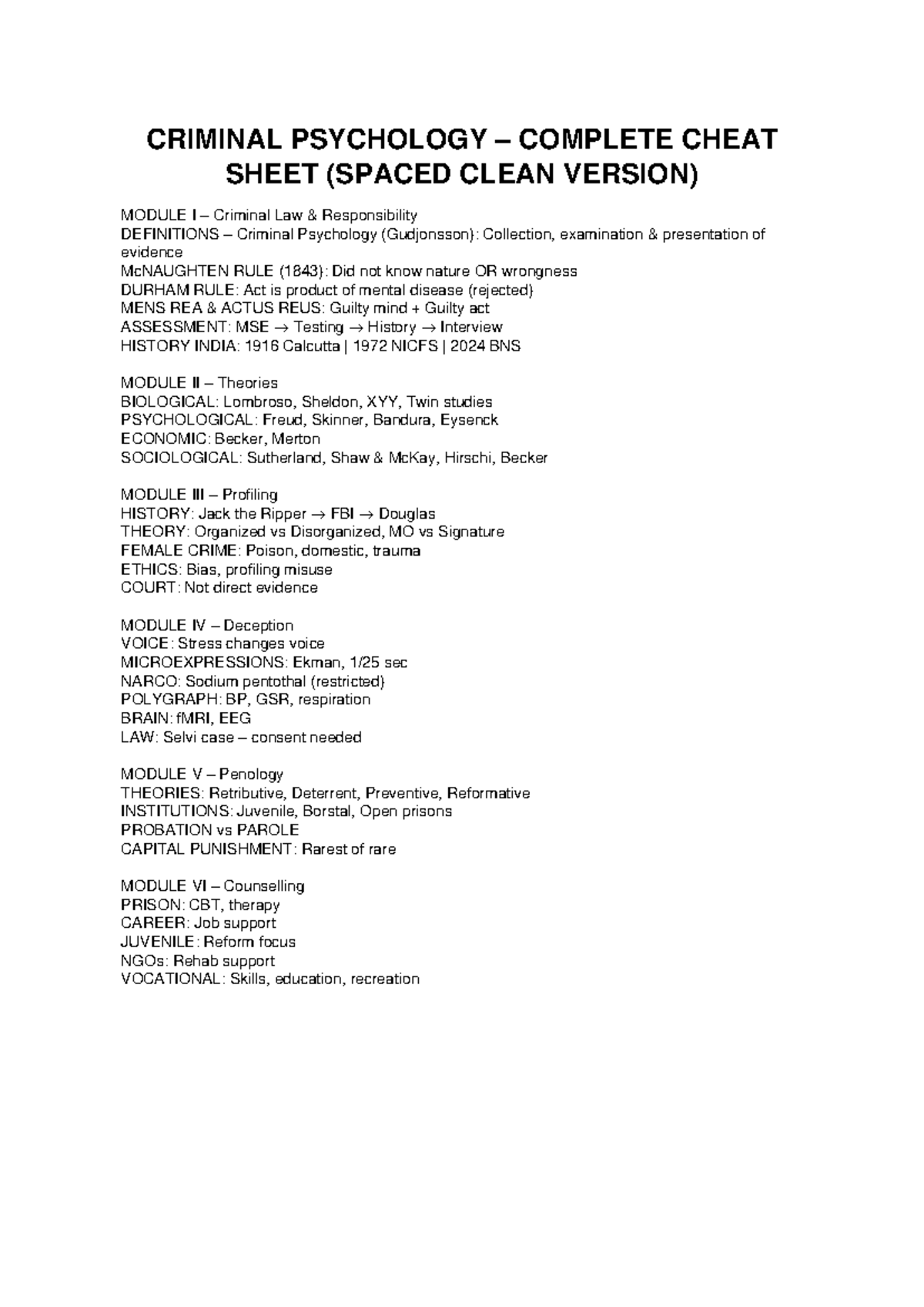 CRIMINAL PSYCHOLOGY CHEAT SHEET (SPACED VERSION) MODULE I-VI - Studocu