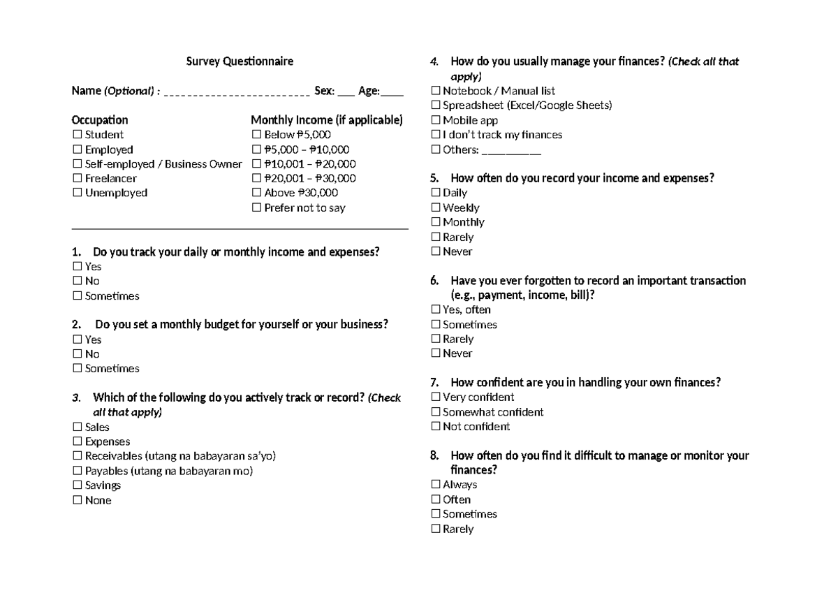 Survey Questionnaire on Financial Management Practices - Studocu