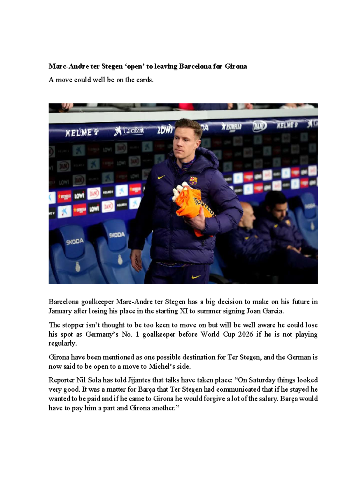 Marc-Andre ter Stegen: Potential Move from Barcelona to Girona - Studocu