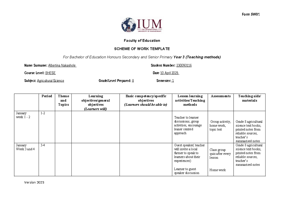 BHESE Year 3 Scheme of Work: Agricultural Science Overview - Studocu