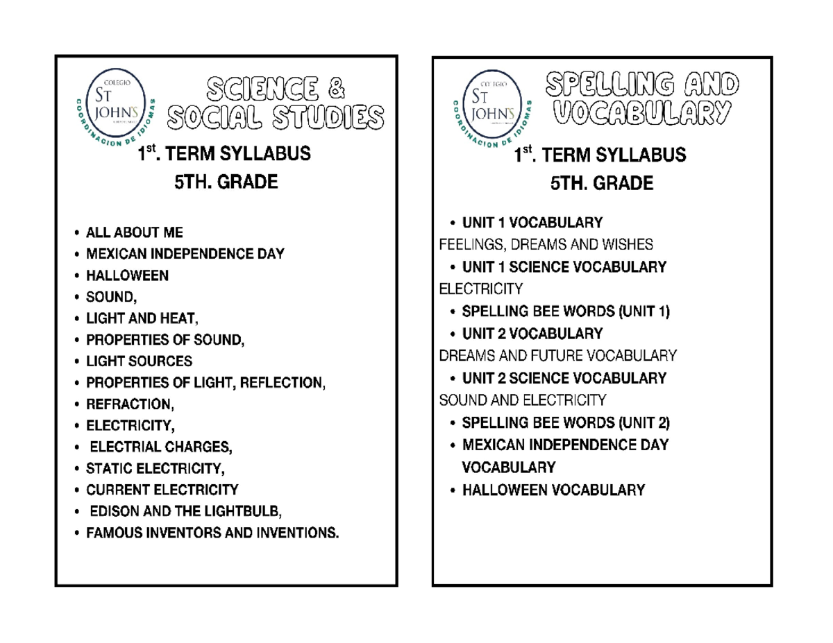 5TH Grade 1ST Term Syllabus: Vocabulary, Science, and Writing ...