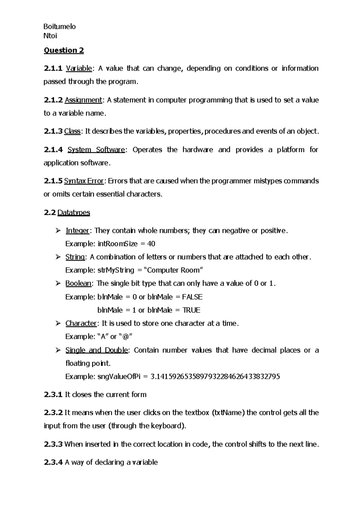 Introduction to Systems Development Assignment - Boitumelo Ntoi ...