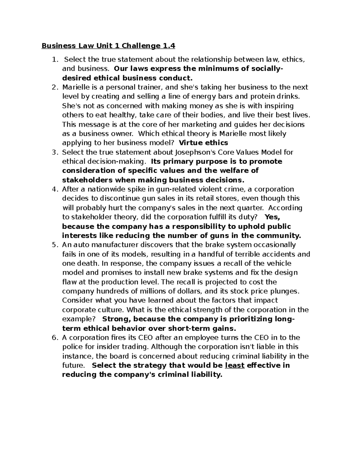 Business Law Unit 1 Challenge 1.4 Study Notes and Key Concepts - Studocu