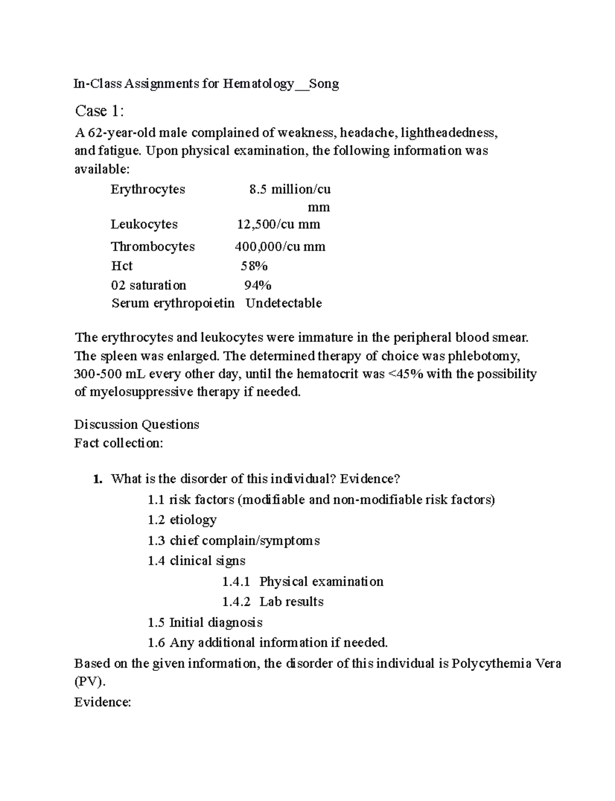 Hematology WK2 In-Class Assignment - Analyzing Polycythemia Vera - Studocu
