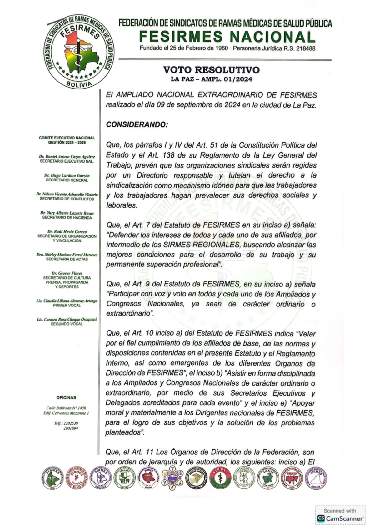 Voto Resolutivo del Ampliado Nacional Extraordinario de FESIRMES 2024 ...