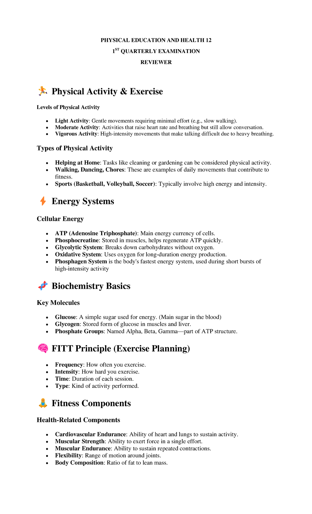 PHYSICAL EDUCATION AND HEALTH 12 1ST QUARTERLY EXAM REVIEWER - Studocu