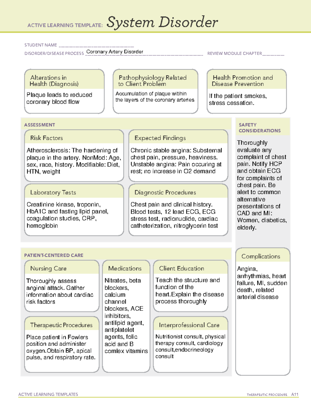 ATI Active Learning Template: Coronary Artery Disease Overview - Studocu