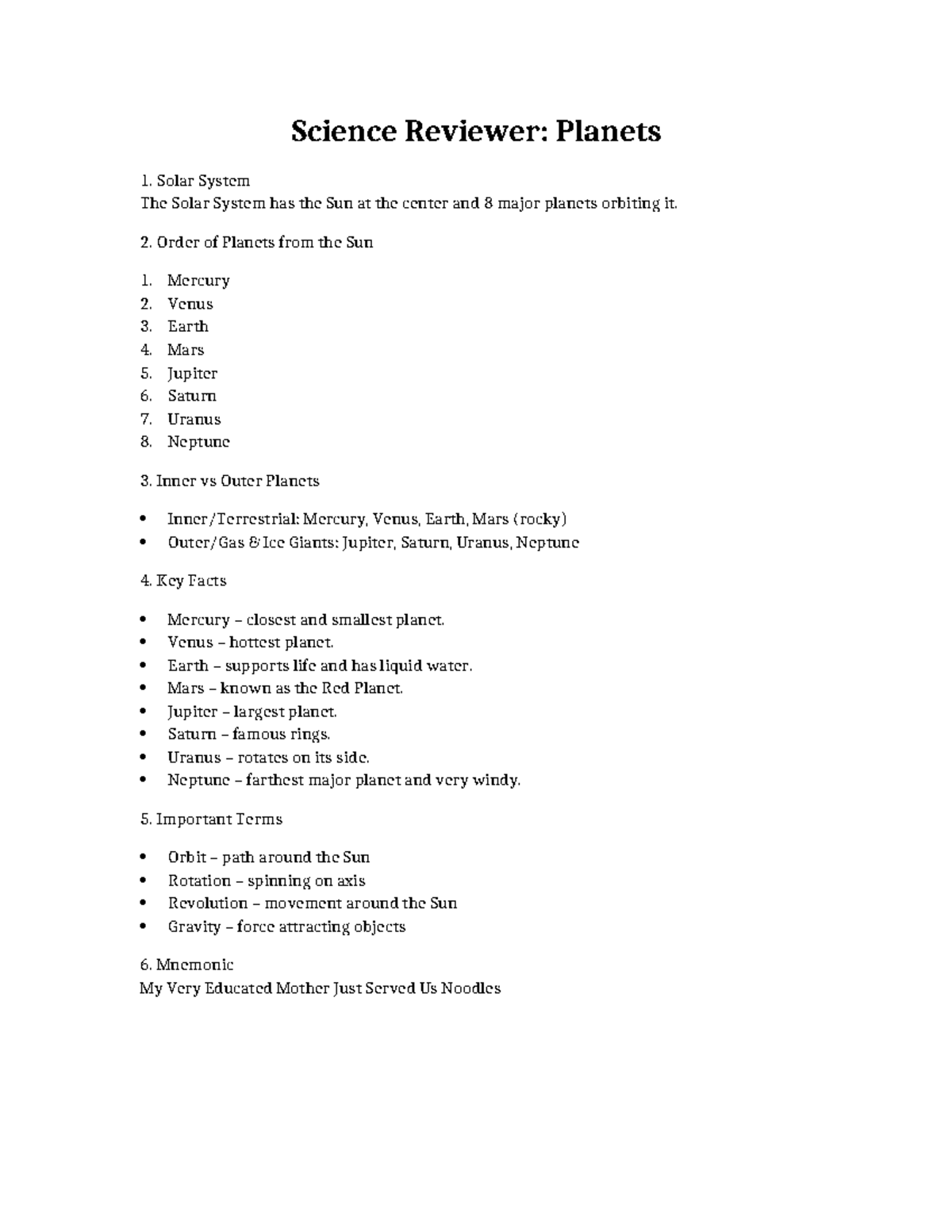 Science Reviewer: Planets Overview and Key Facts - Studocu