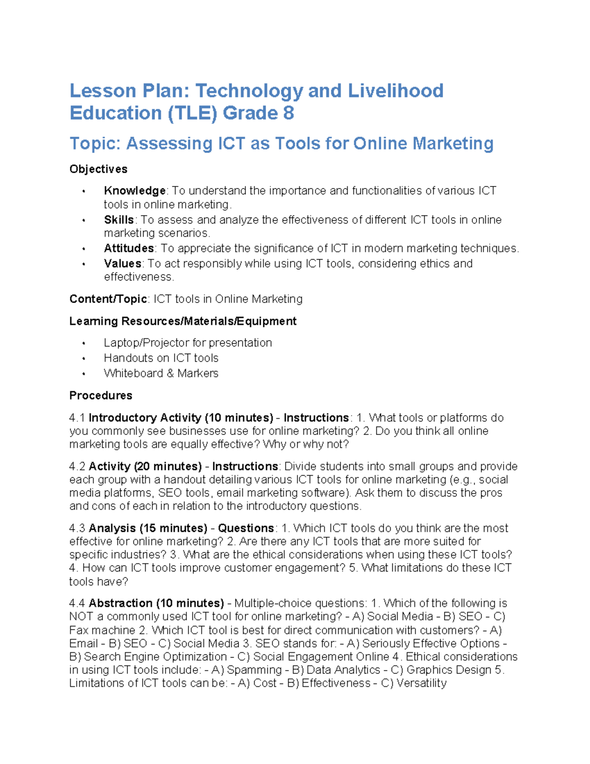 714709067 Lesson Plan: Utilizing ICT Tools for Online Marketing - Studocu