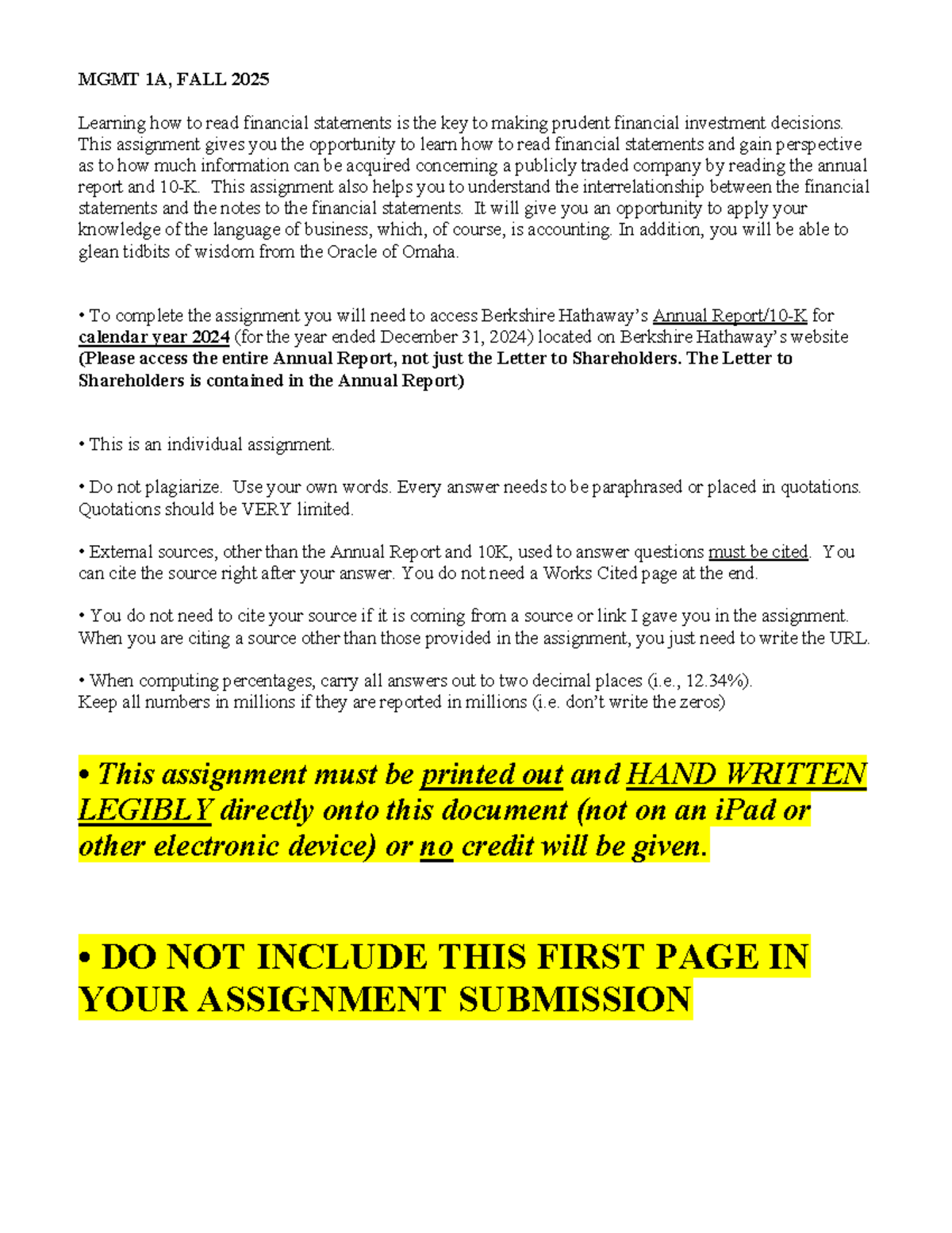 MGMT 1A FALL 2025 Financial Statement Analysis Assignment - Studocu