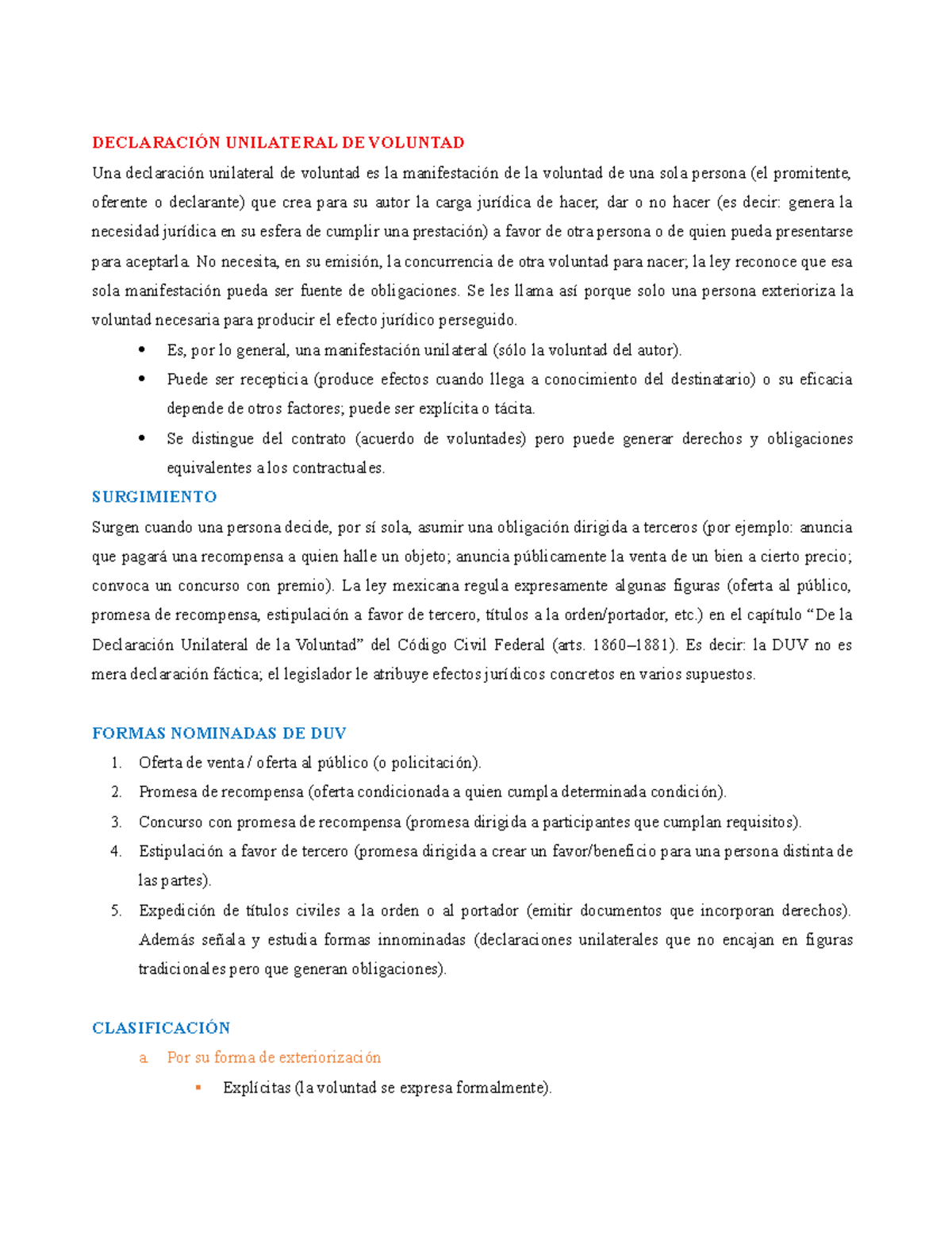 DUV: Declaración Unilateral de Voluntad y sus Efectos Jurídicos - Studocu