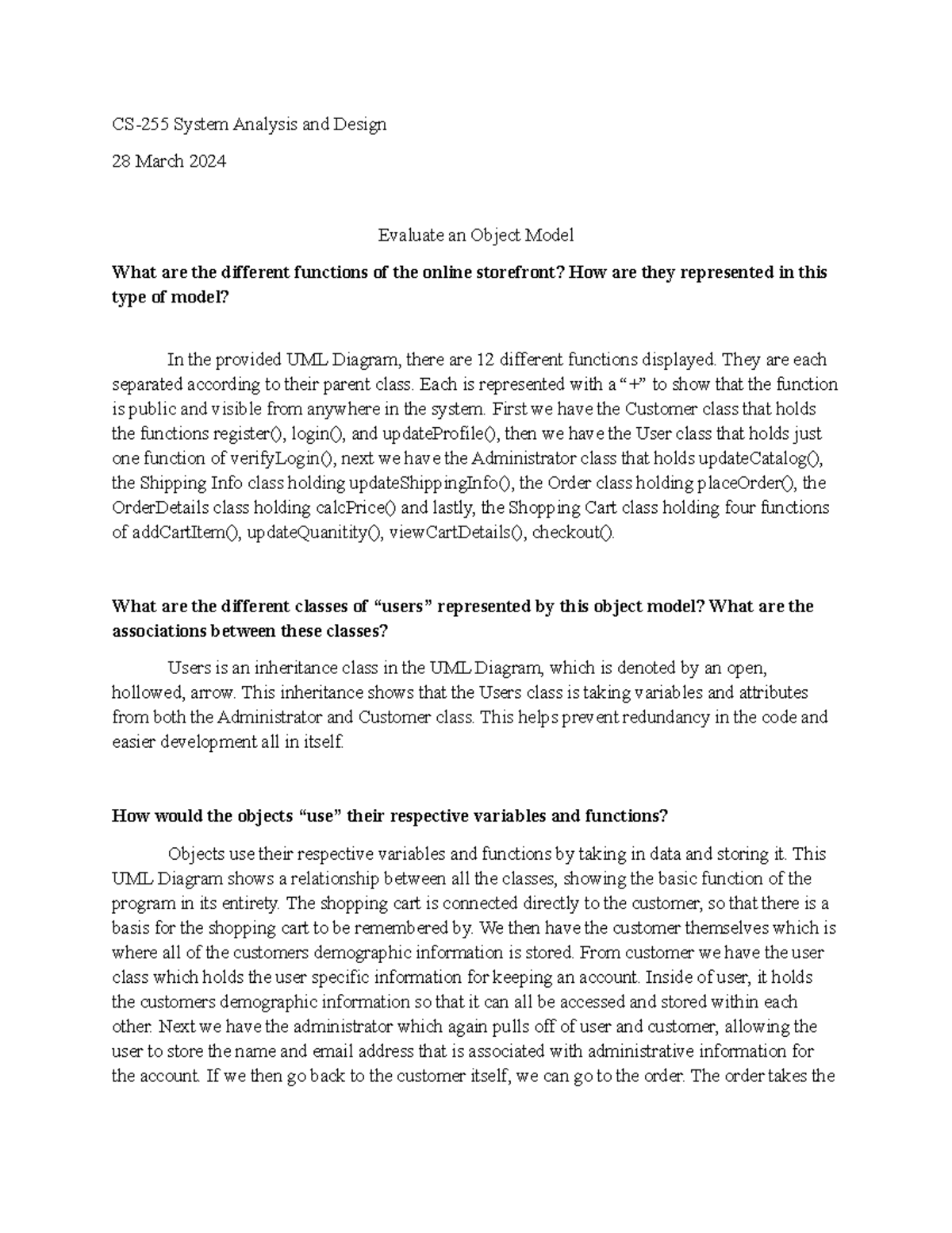 Evaluating an Object Model Module 4 - CS-255 System Analysis and Design 28 March 2024 Evaluate ...