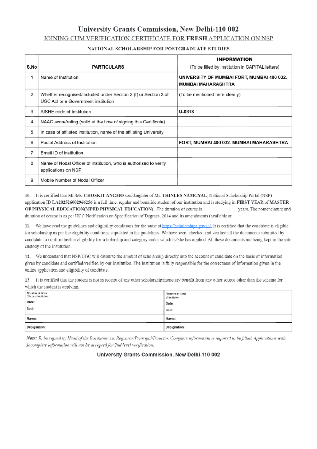 Ugc-pg-studies 101 - Joining & Verification Cert for NSP Scholarship ...