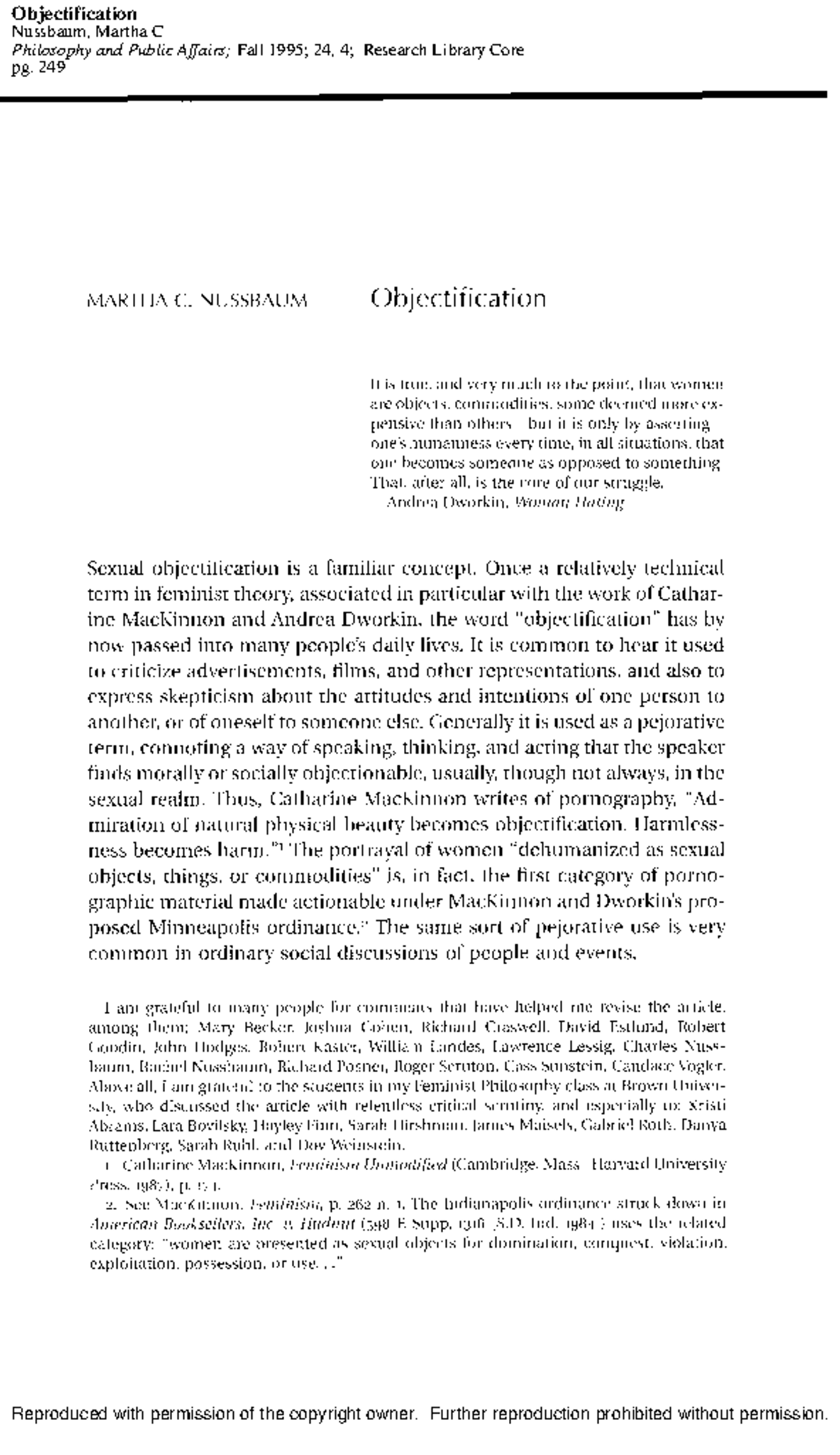 PHIL 249: Objectification - Insights from Martha C. Nussbaum - Studocu